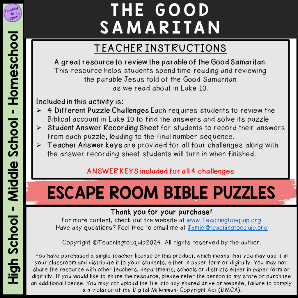 Good Samaritan Jesus Parable Bible ESCAPE ROOM - Reading & Puzzles ...