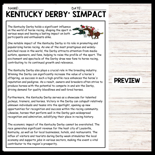 "KENTUCKY DERBY’ SIMPACT" KENTUCKY DERBY Reading Comprehension - Made ...