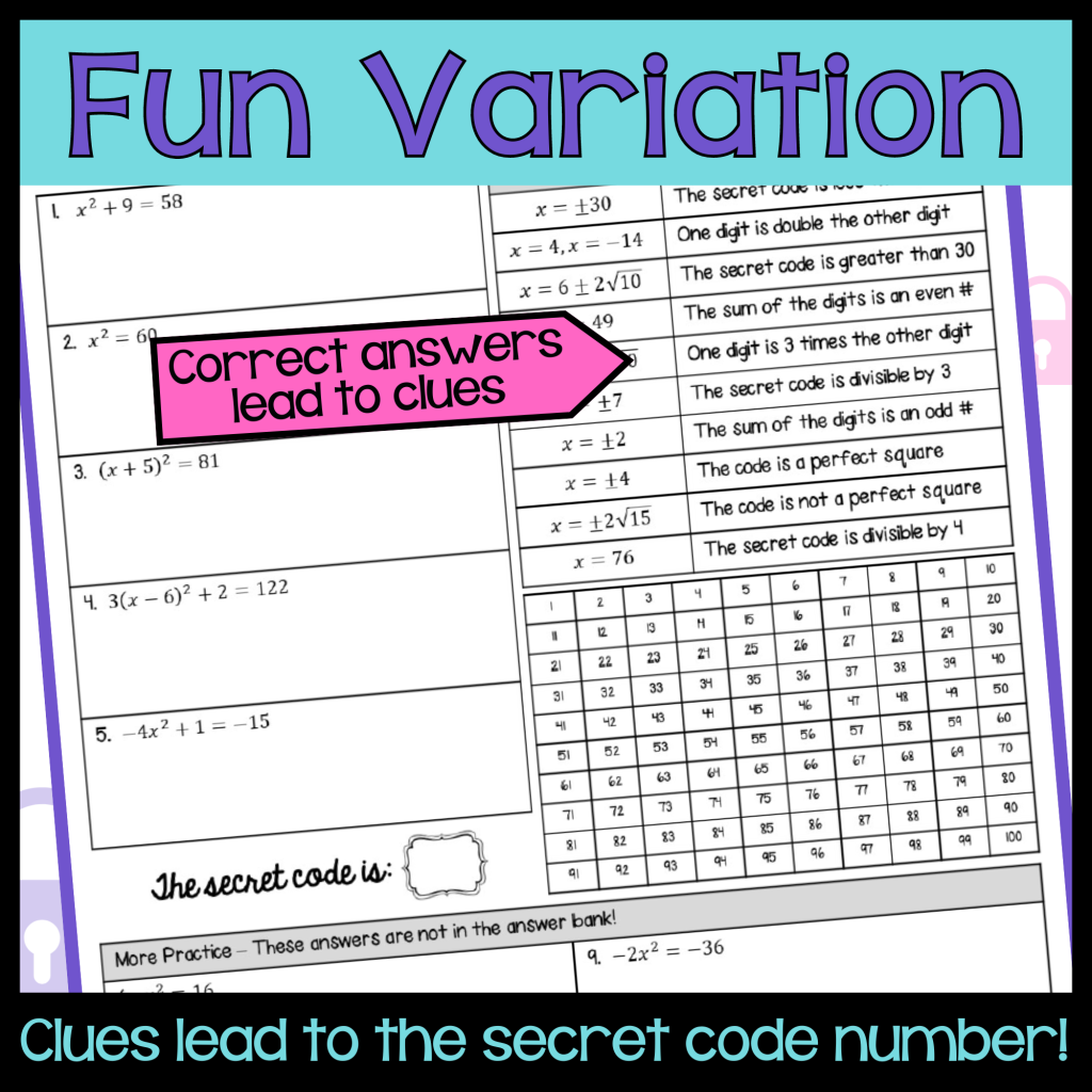 Solving Quadratic Equations by Square Root Method Worksheets | Secret ...
