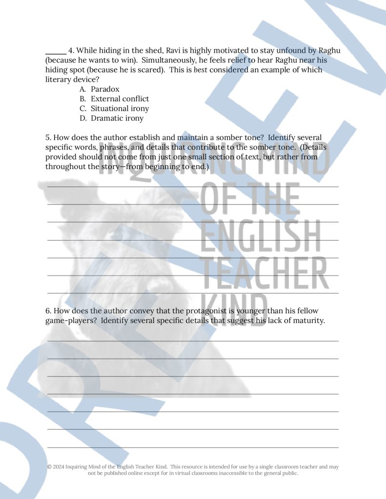 "Games at Twilight" by Anita Desai Quiz, Close Reading, and Vocabulary ...