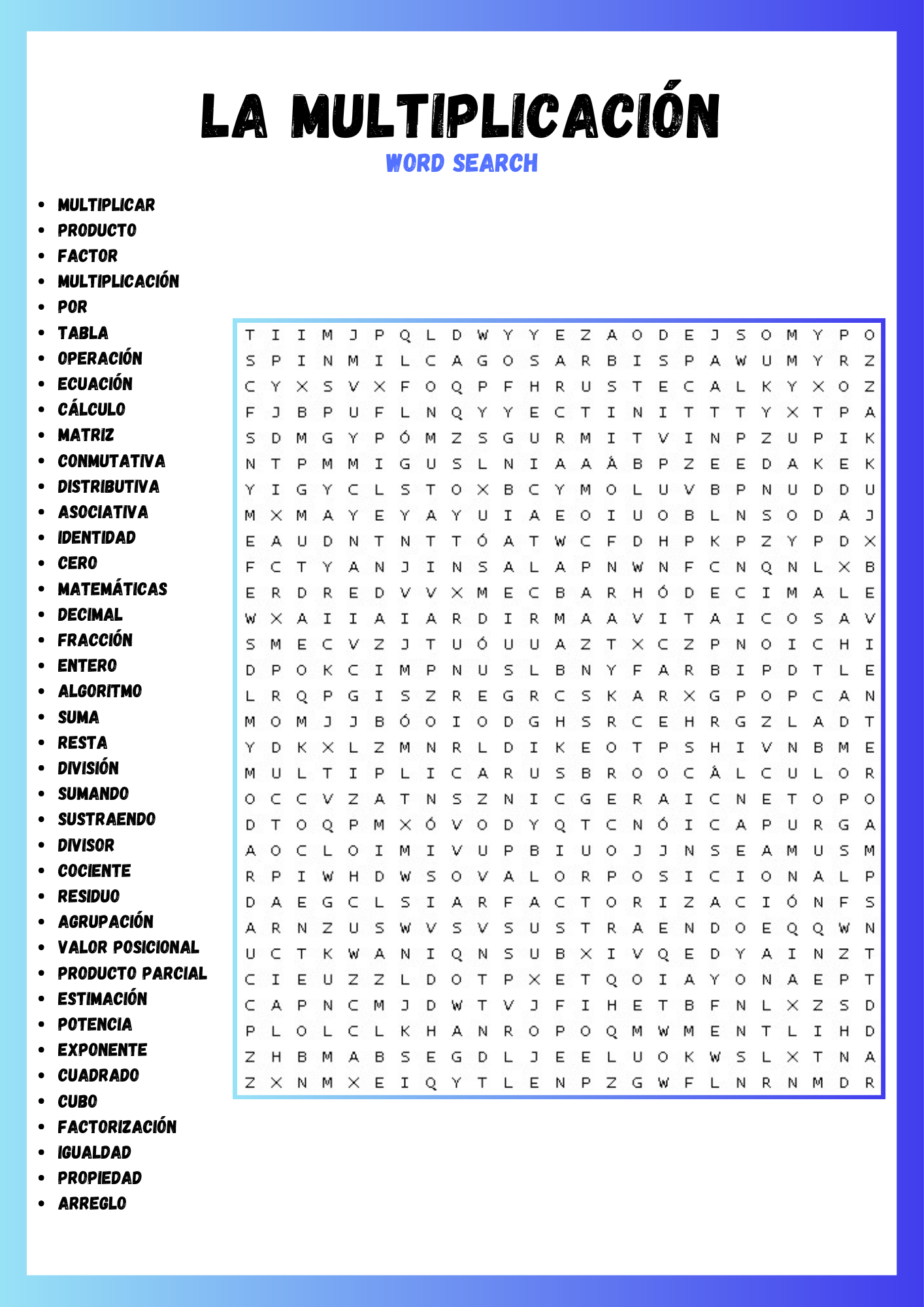 MULTIPLICATION WORD SEARCH PUZZLE IN SPANISH WORKSHEET ACTIVITIES BRAIN ...