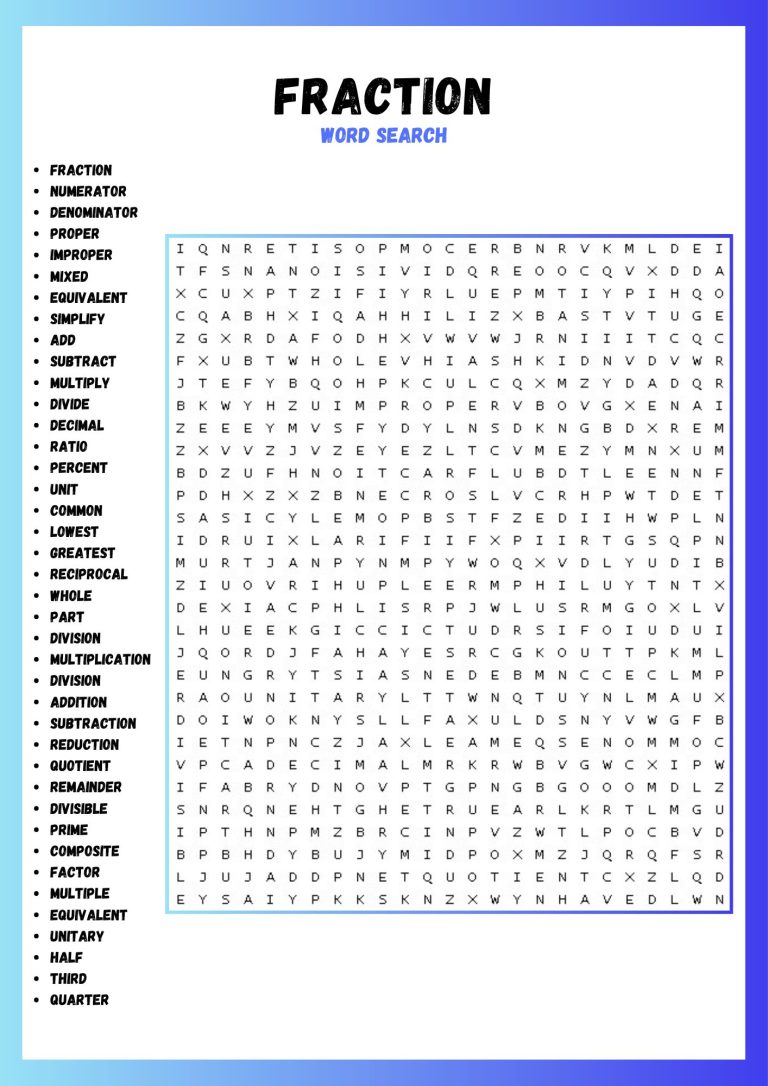 FRACTION WORD SEARCH PUZZLE WORKSHEET ACTIVITIES BRAIN PUZZLES | Made ...