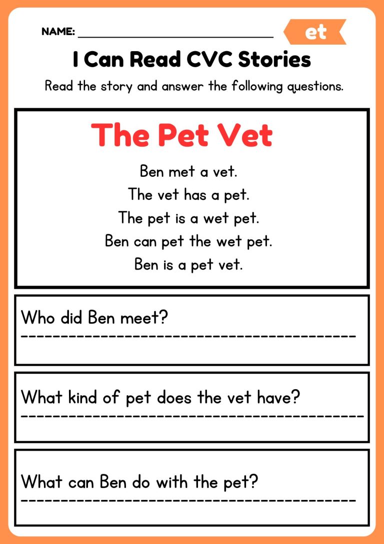 " et" CVC Decodable Short Stories with Questions | Word Families | Made ...