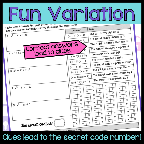 Factoring Trinomials with a=1 Worksheets | Secret Code | Made By Teachers