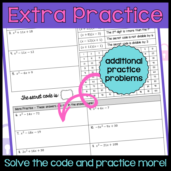Factoring Trinomials with a=1 Worksheets | Secret Code - Made By Teachers