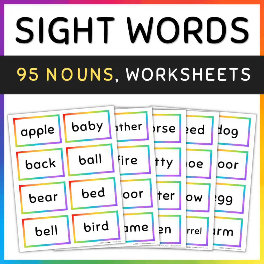 Sight Word Flash Cards, Rainbow Sight Words Flashcards, 95 Nouns, Set 4 ...
