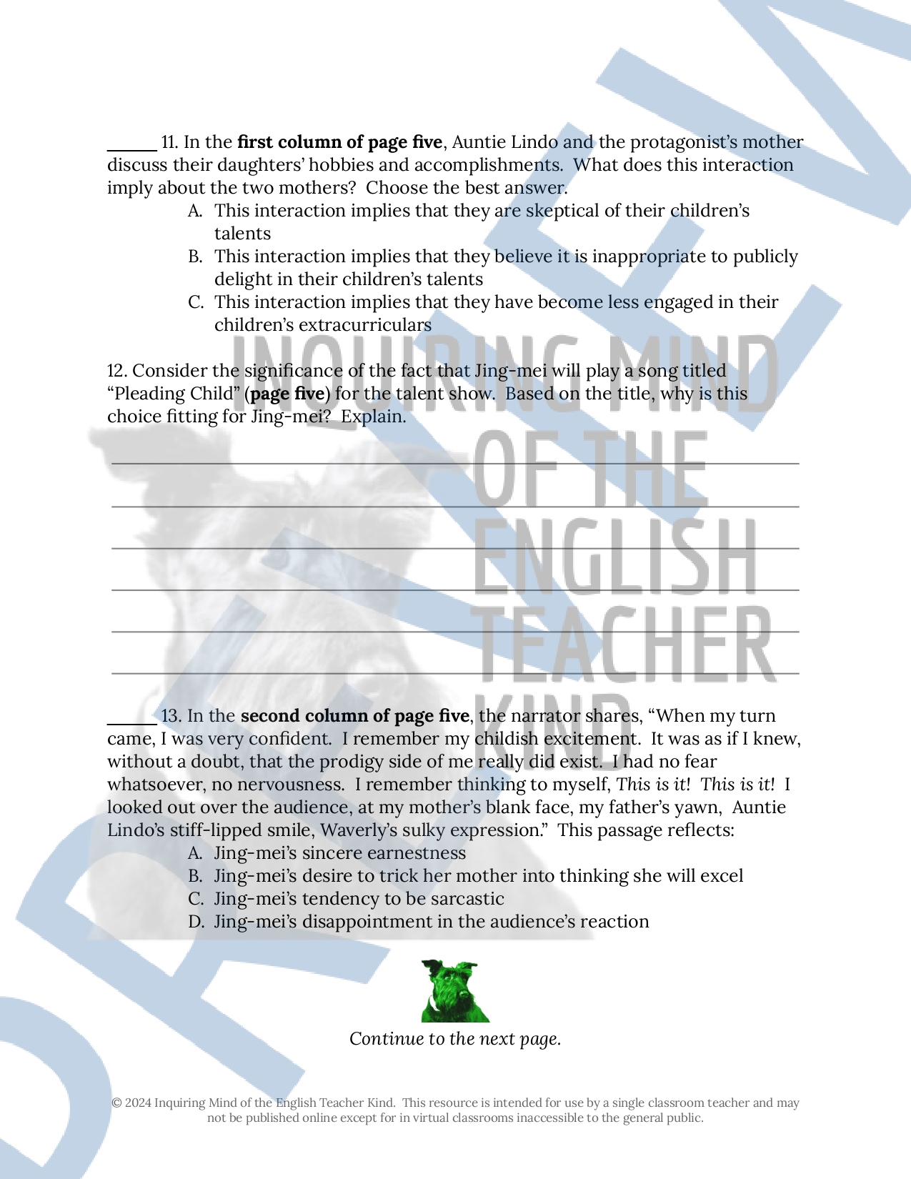 "Two Kinds" by Amy Tan Close Reading Analysis Worksheet for High School ...