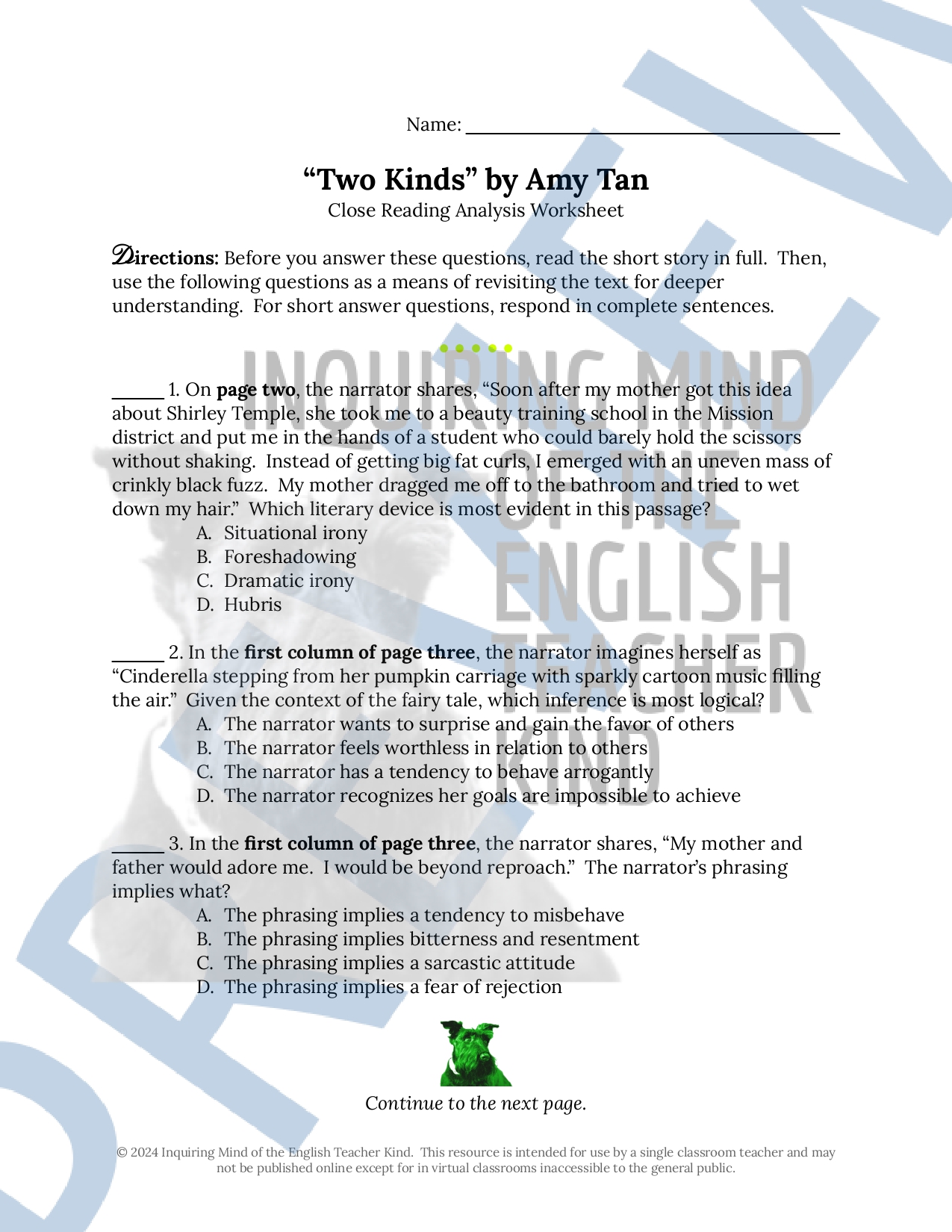 "Two Kinds" by Amy Tan Quiz, Close Reading, and Vocabulary Games Bundle ...