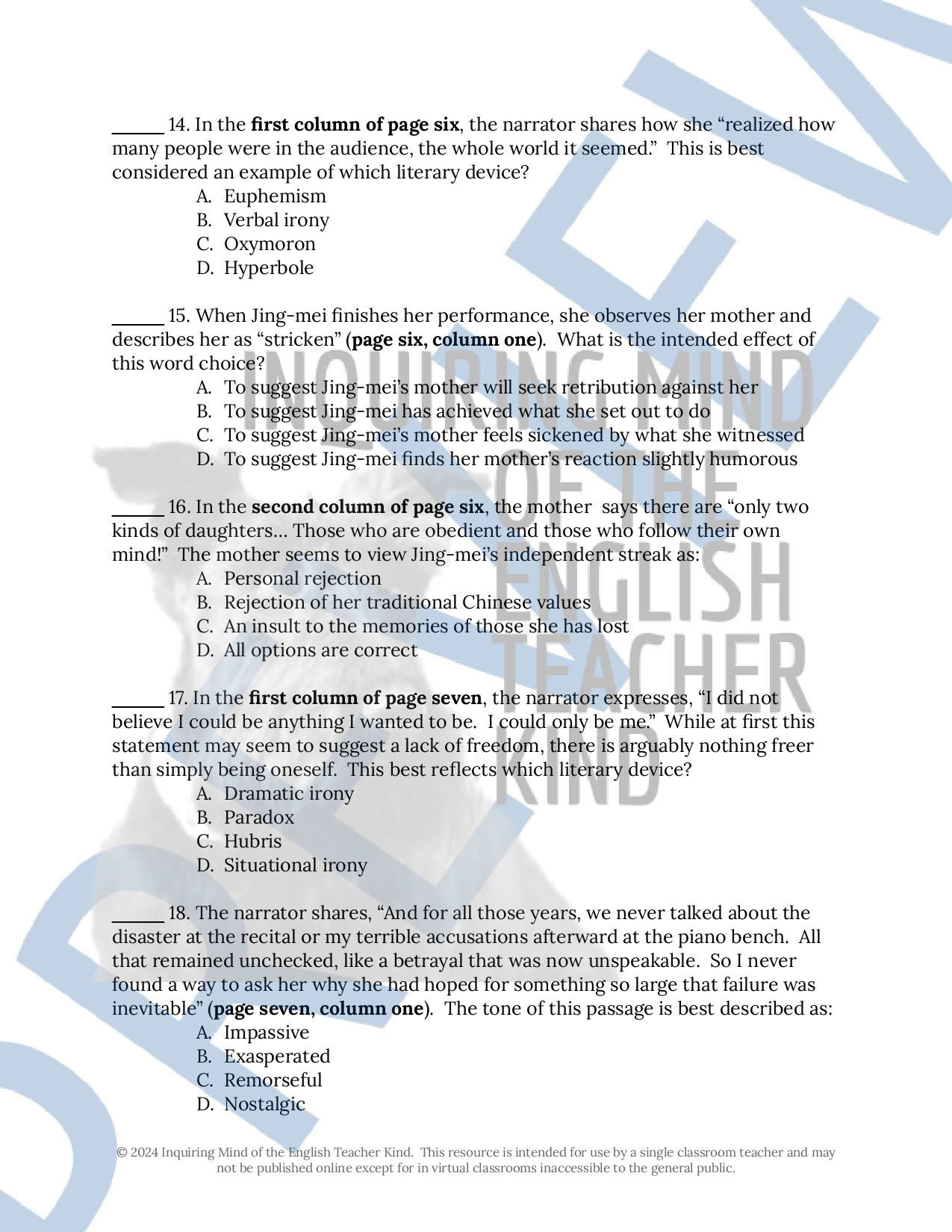 "Two Kinds" by Amy Tan Quiz, Close Reading, and Vocabulary Games Bundle ...