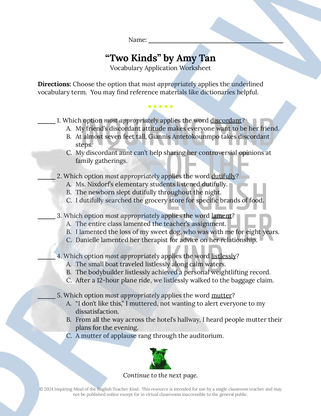 "Two Kinds" by Amy Tan Quiz, Close Reading, and Vocabulary Games Bundle ...