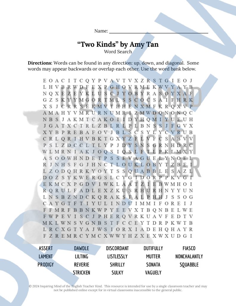 "Two Kinds" by Amy Tan Quiz, Close Reading, and Vocabulary Games Bundle ...