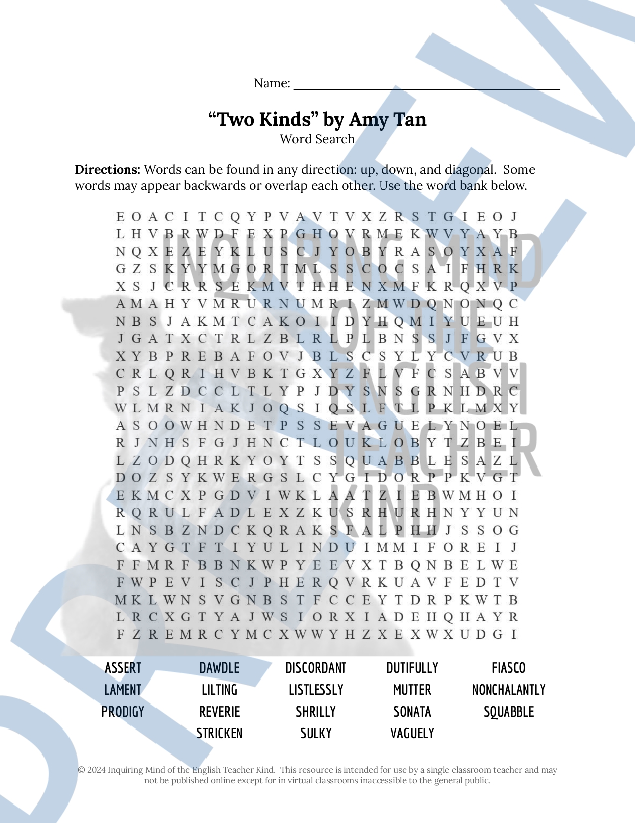 "Two Kinds" by Amy Tan Quiz, Close Reading, and Vocabulary Games Bundle ...