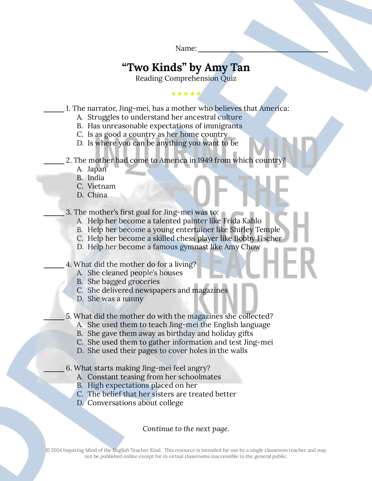 "Two Kinds" by Amy Tan Quiz, Close Reading, and Vocabulary Games Bundle ...