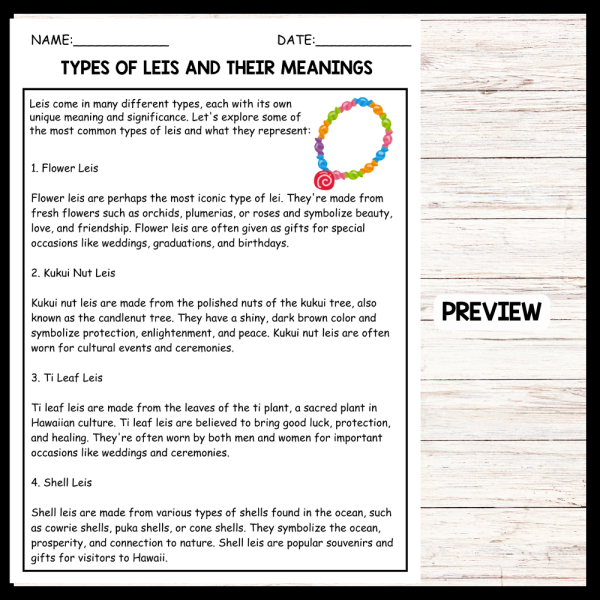 "TYPES OF LEIS AND THEIR MEANINGS" LEI Day Reading Comprehension | Made ...