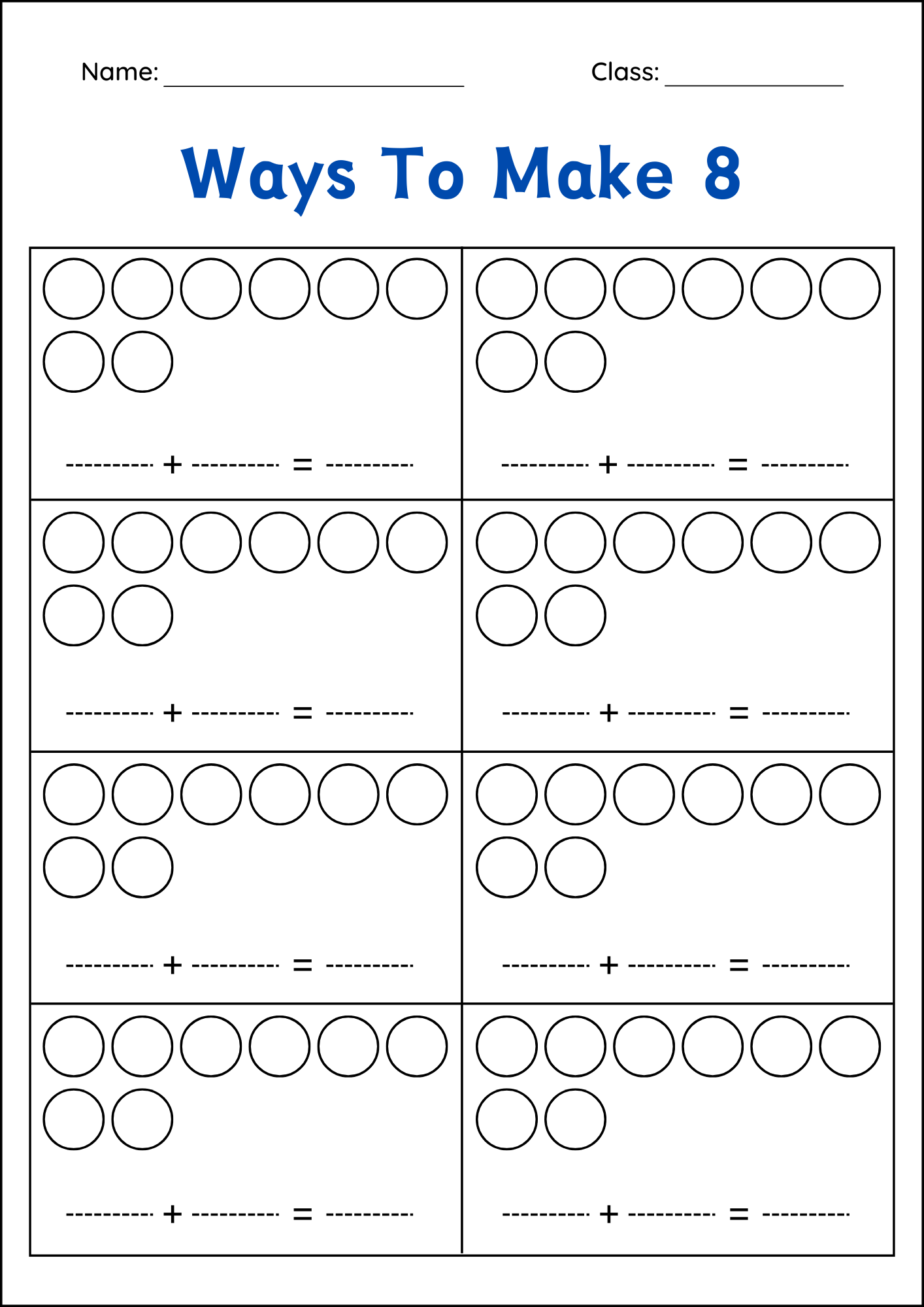 Ways to Make 8 and 9 Kindergarten Math Worksheets - Making 8 and 9 ...