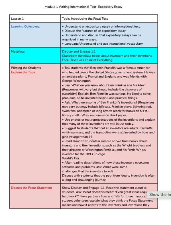 5th Grade HmH Module 1 Writing Informational Text- Expository Essay ...