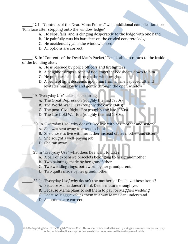High School Short Stories Test and Answer Key with Study Guide (Volume ...
