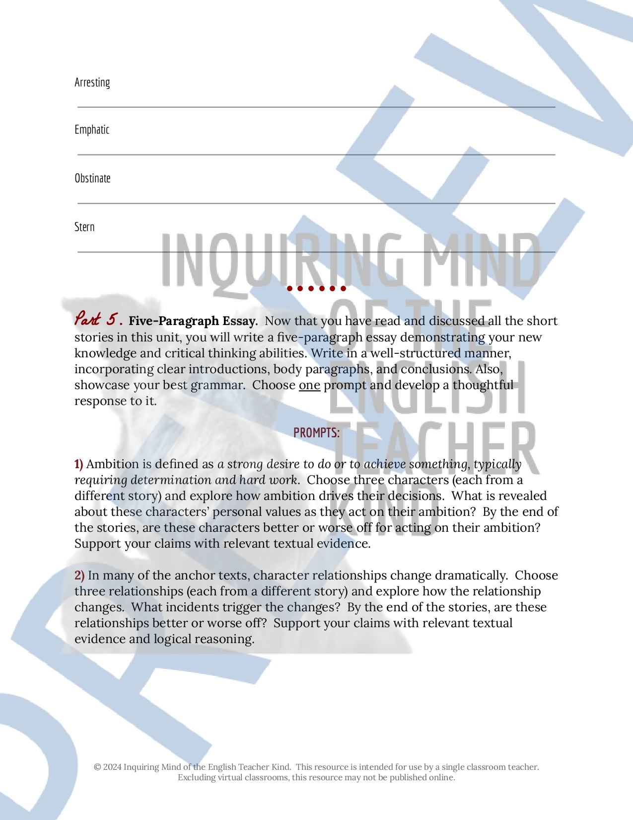 High School Short Stories Test and Answer Key with Study Guide (Volume ...
