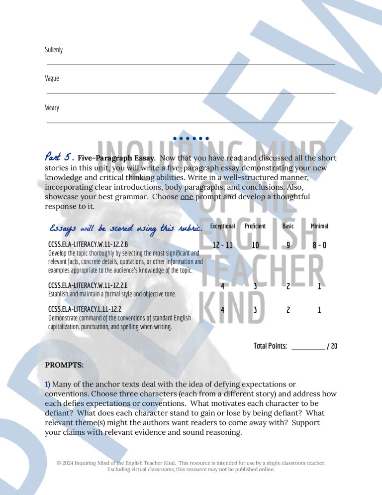 High School Short Stories Test and Answer Key with Study Guide (Volume ...
