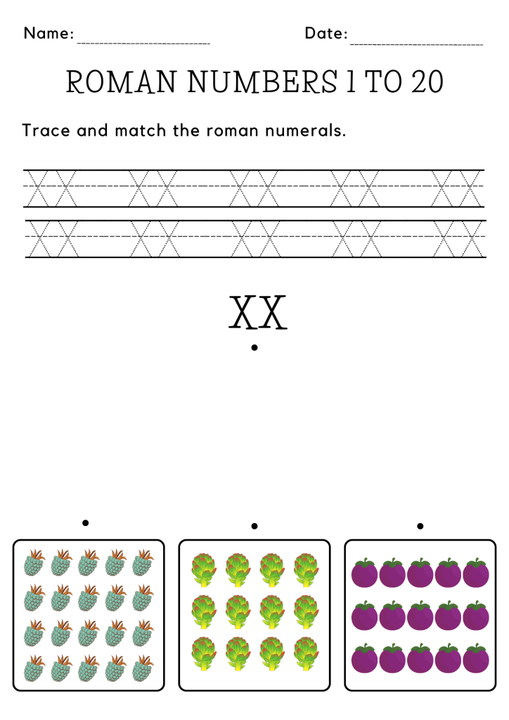 Printable Practice Roman Numbers 1 to 20 worksheet Matching roman ...