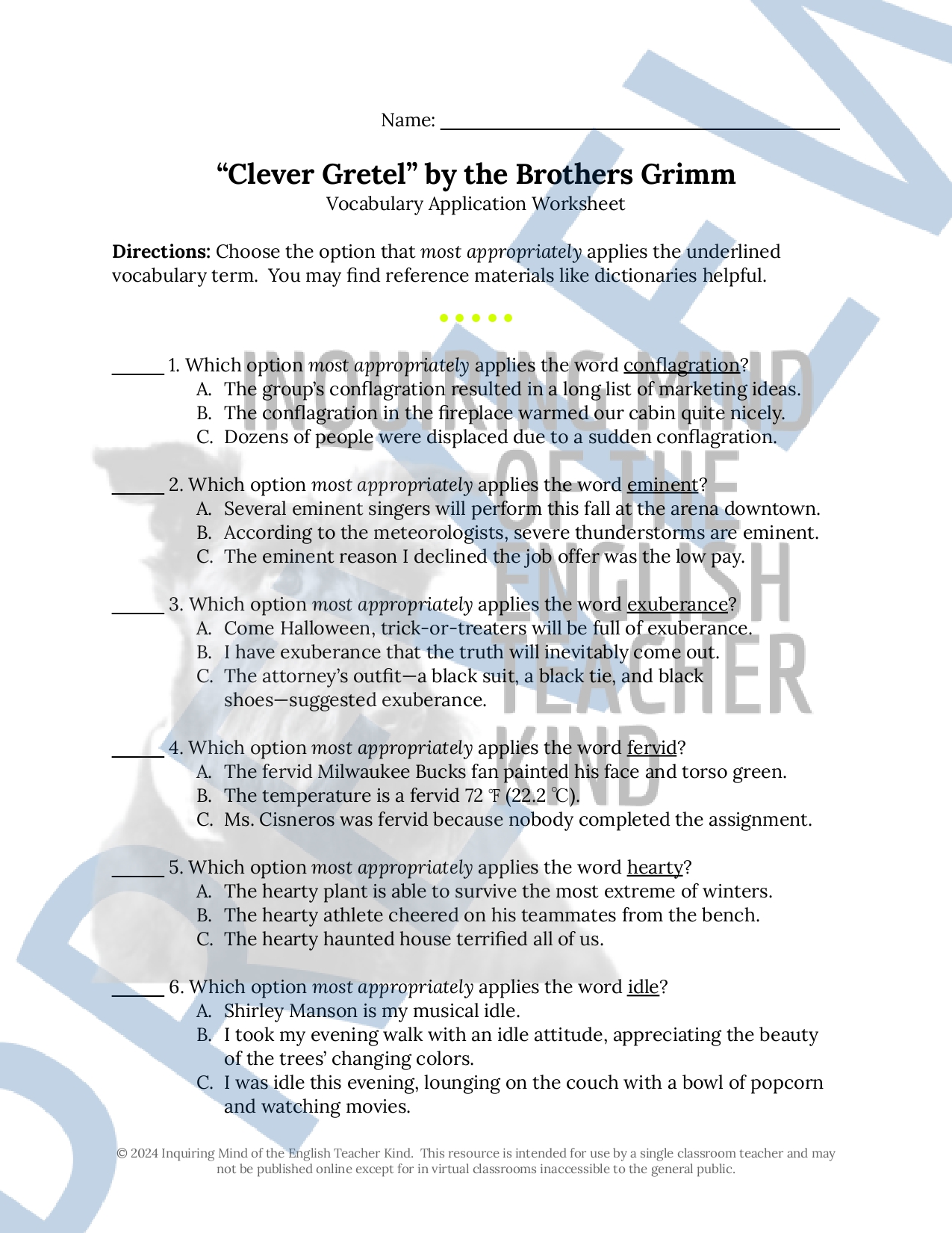 "Clever Gretel" by the Brothers Grimm Vocabulary Games for High School ...