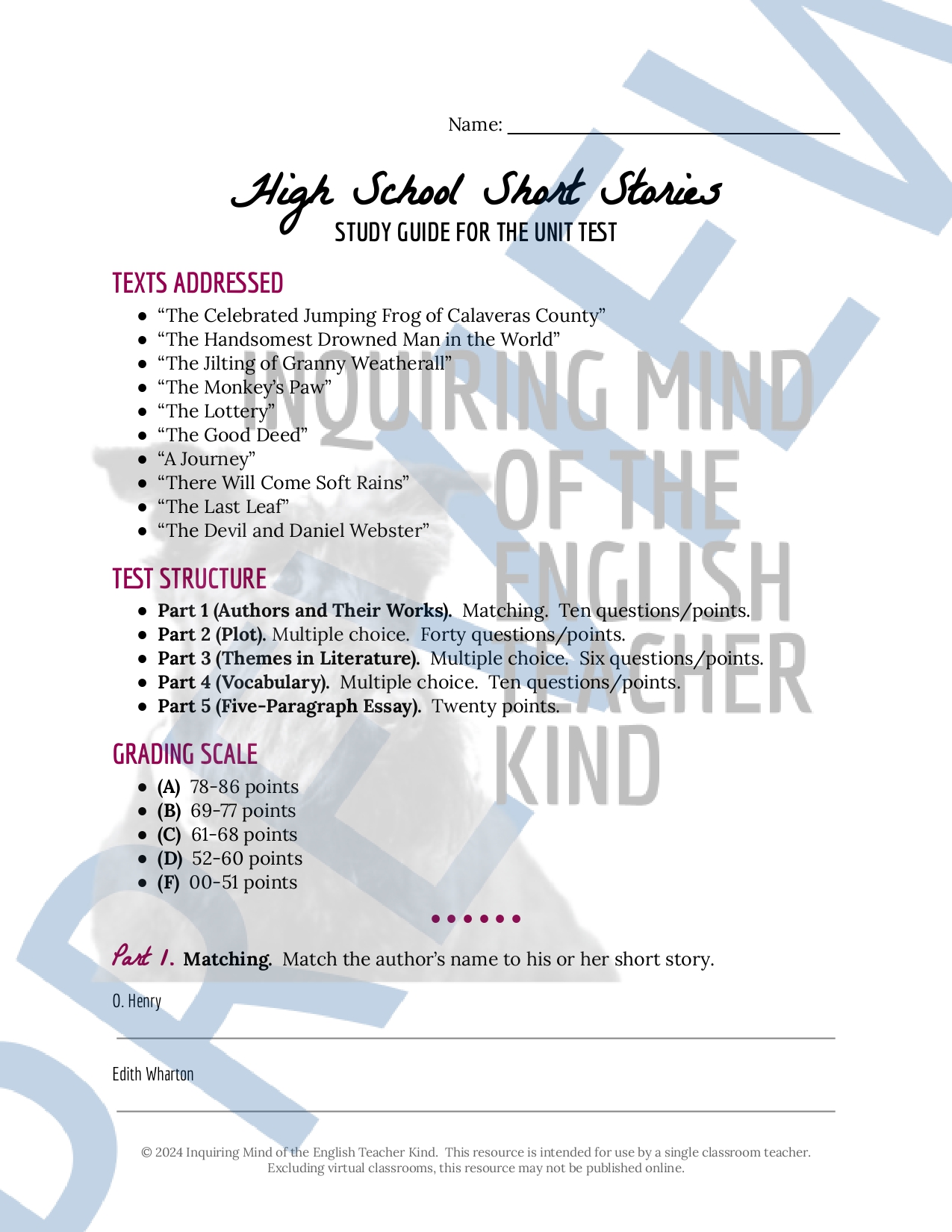 High School Short Story Quizzes, Worksheets, Vocabulary Games, and Test ...
