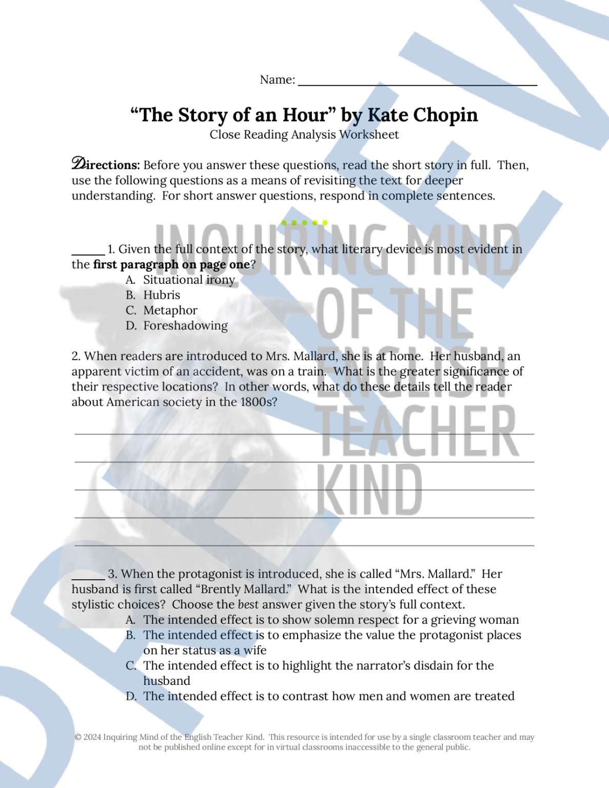 "The Story of an Hour" by Kate Chopin Close Reading Analysis Worksheet ...