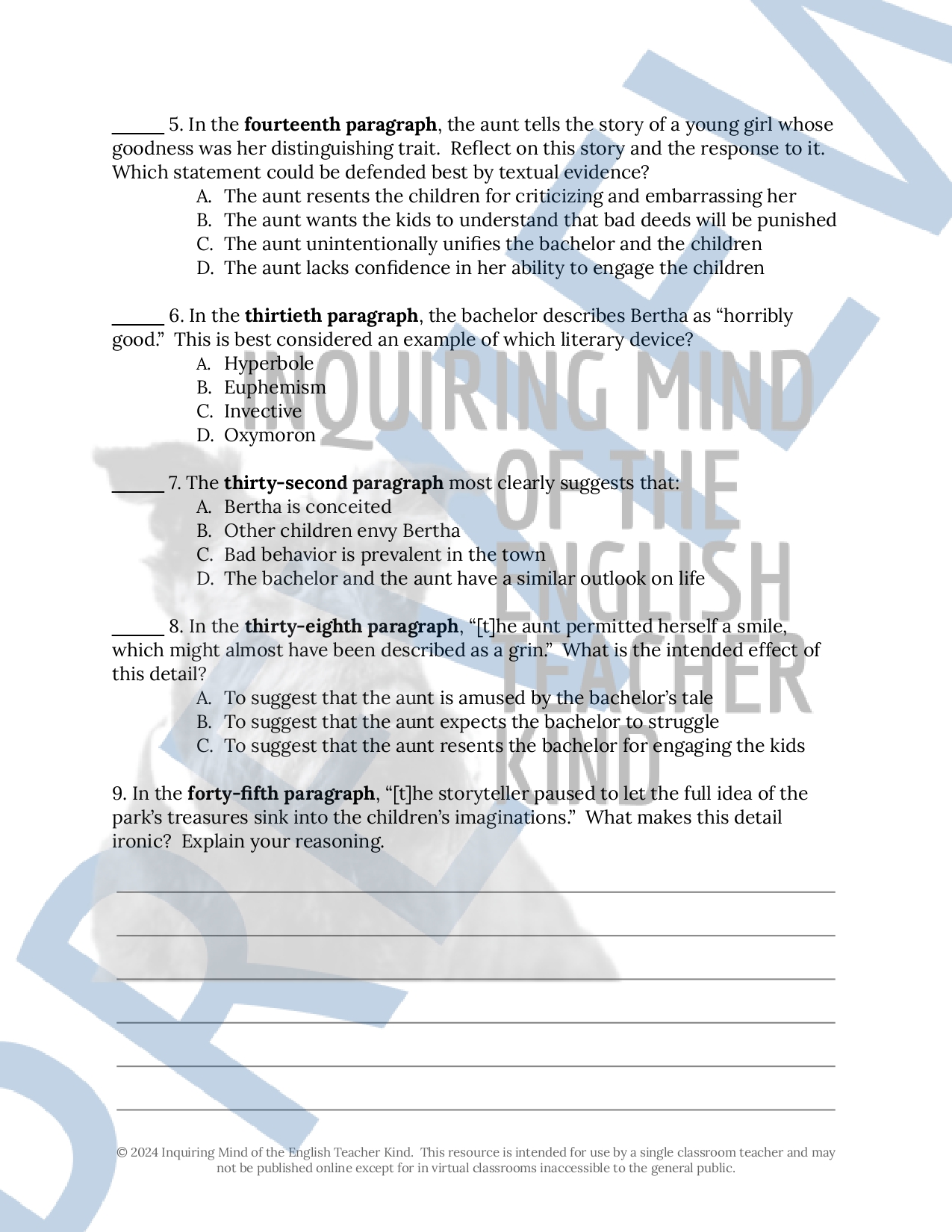 "The Storyteller" by Saki Quiz, Close Reading, and Vocabulary Games ...