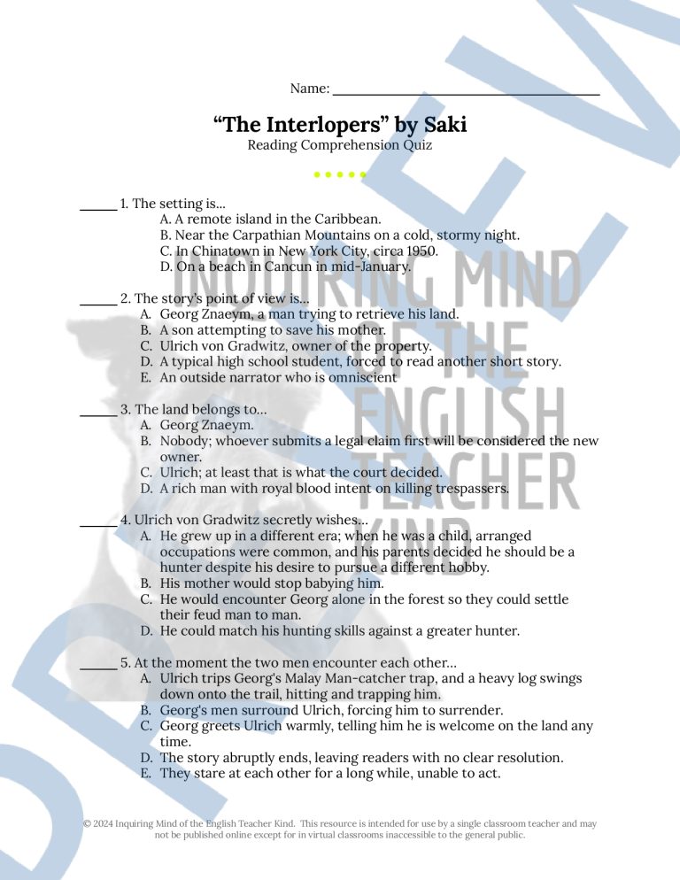 Short Stories by Saki - Quizzes, Close Reading Activities, and ...