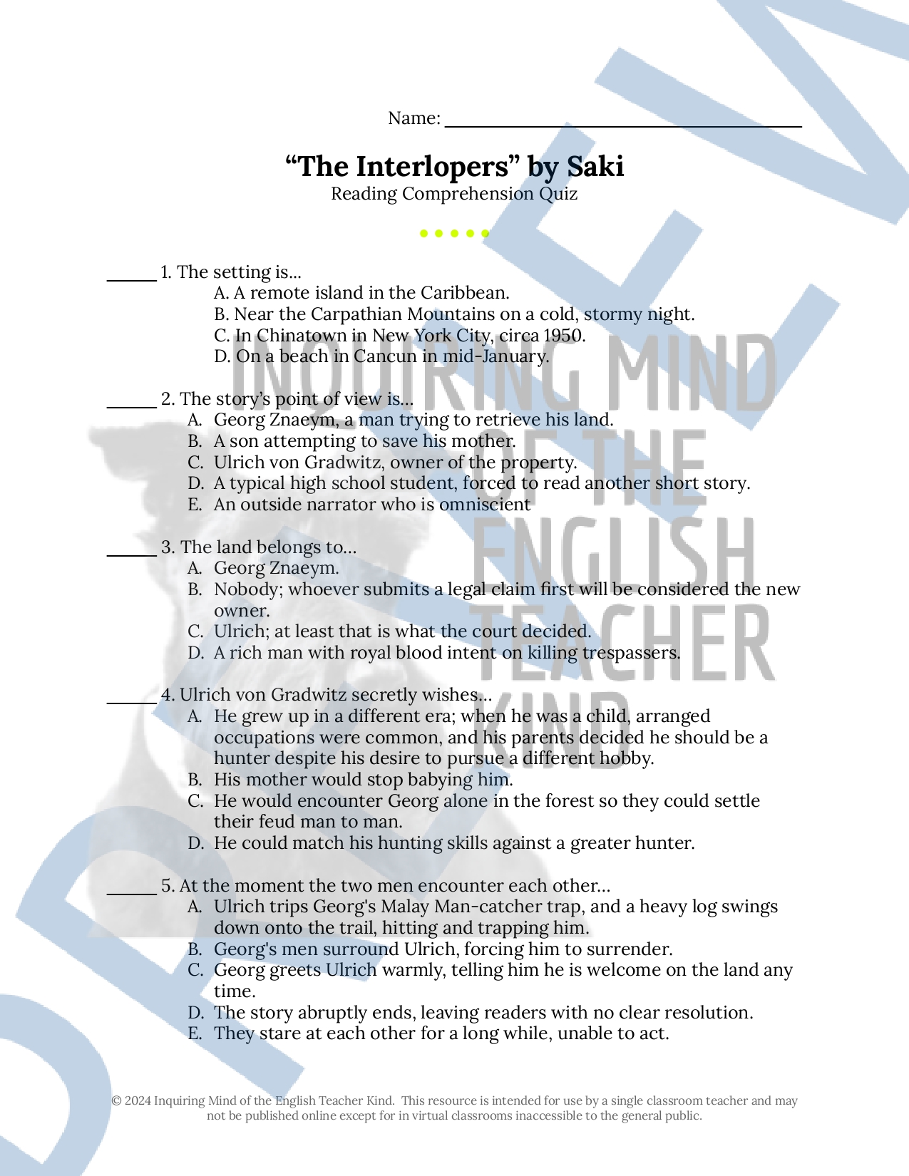 Short Stories by Saki - Quizzes, Close Reading Activities, and ...