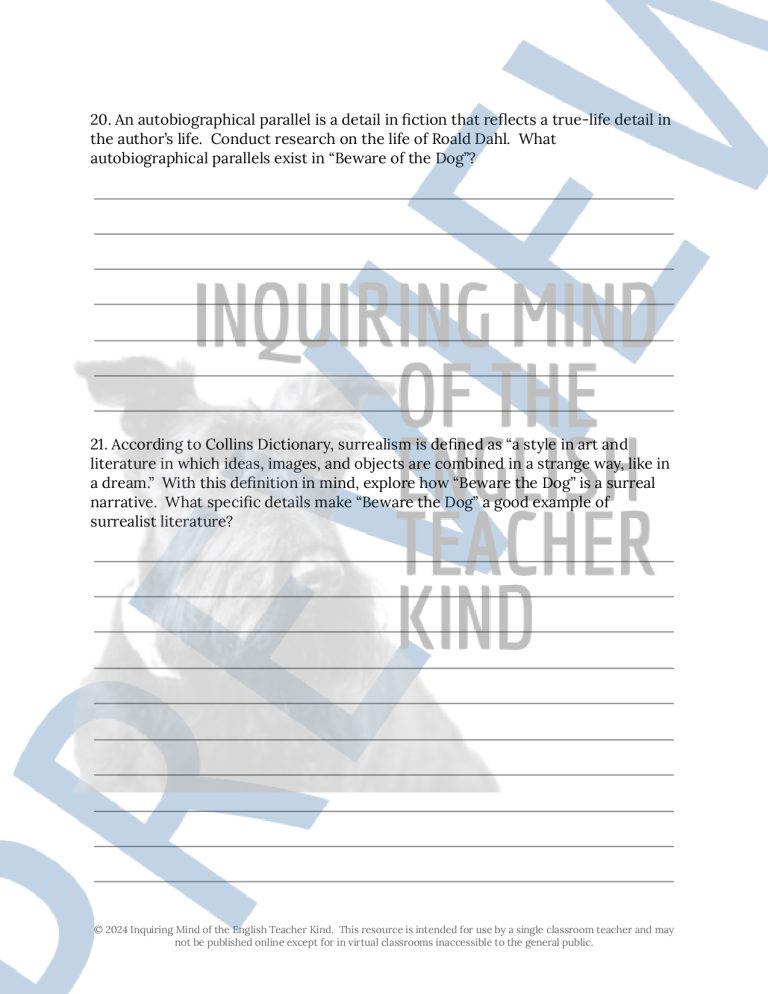 "Beware of the Dog" by Roald Dahl Close Reading Analysis Worksheet ...