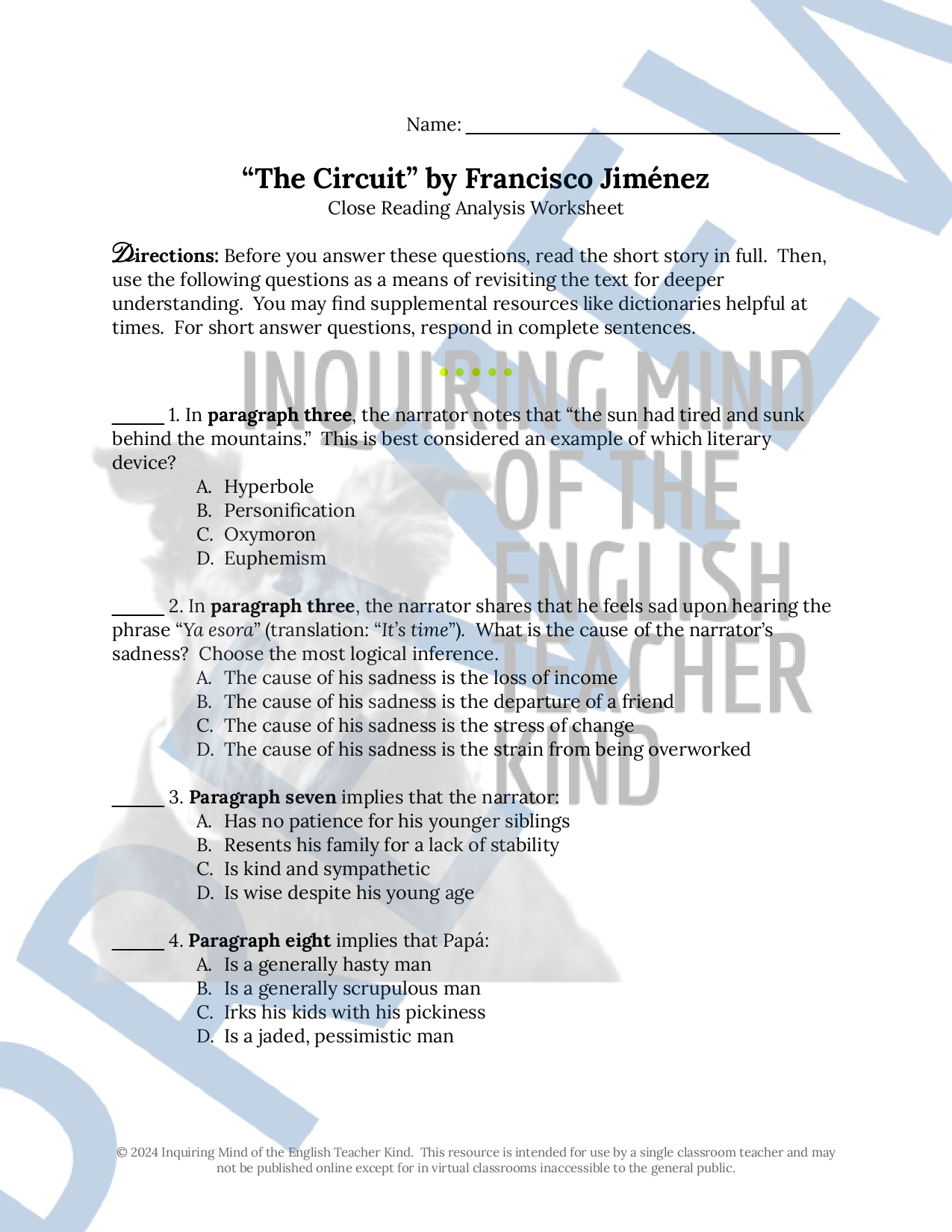 "The Circuit" by Francisco Jiménez Quiz, Close Reading, and Vocabulary ...
