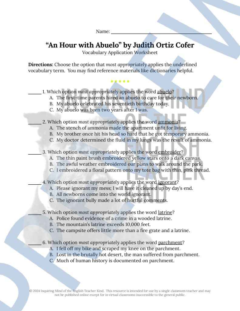 "An Hour with Abuelo" Quiz, Close Reading Activity, and Vocabulary ...