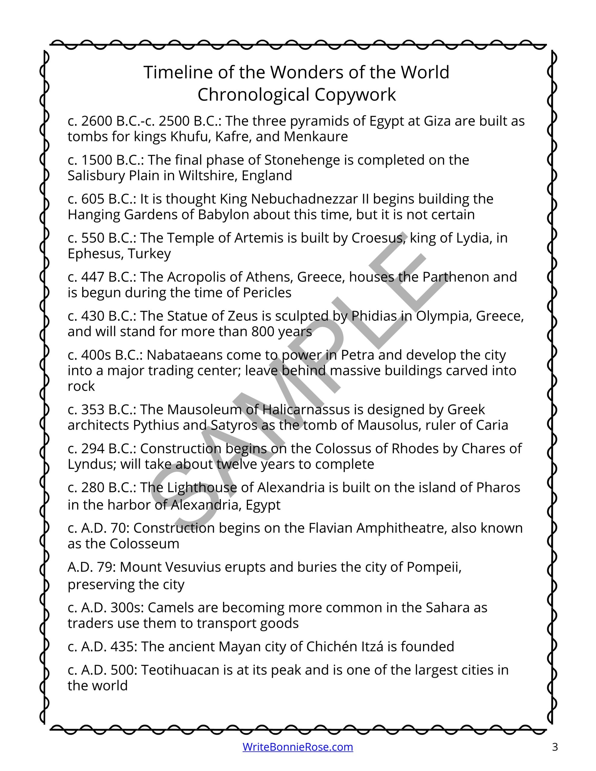 Timeline of the Wonders of the World Chronological Copywork-Print ...