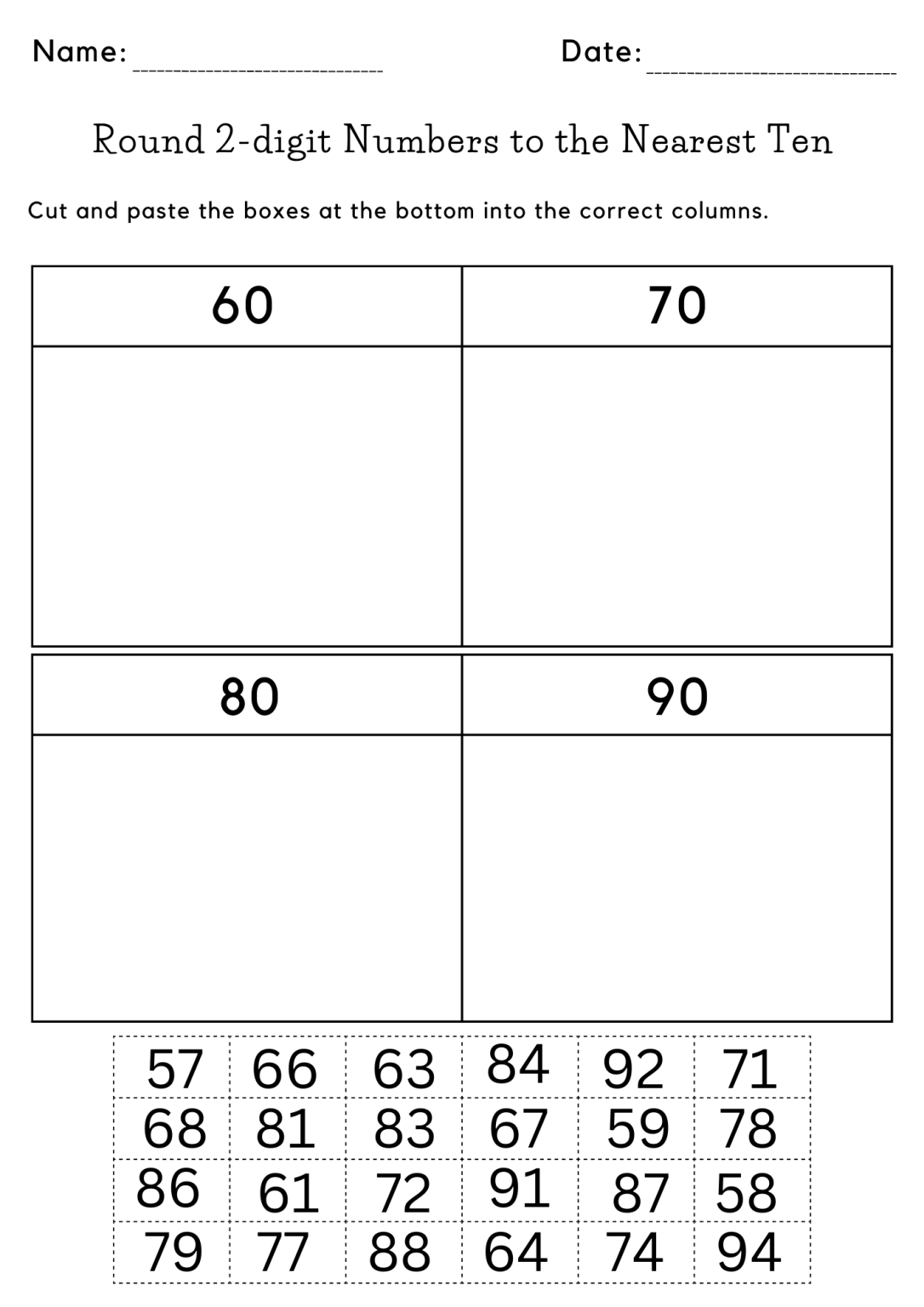 printable cut and paste rounding worksheets - rounding to the nearest ...