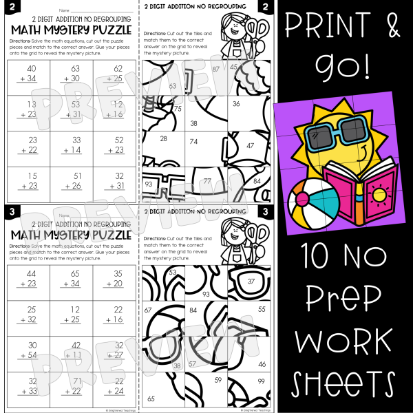 Summer 2 Digit Addition without Regrouping Worksheets Math Mystery ...
