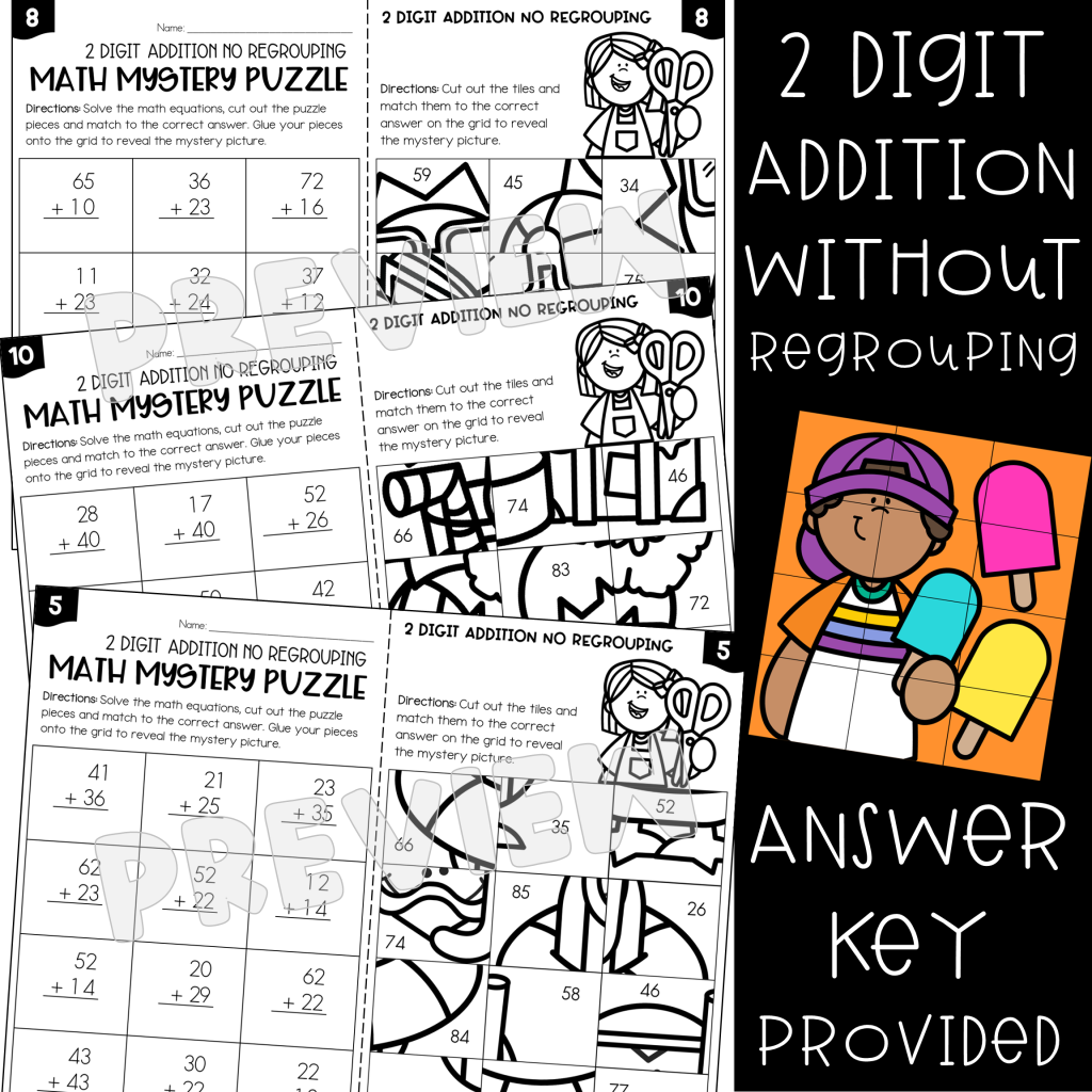 Summer 2 Digit Addition without Regrouping Worksheets Math Mystery ...