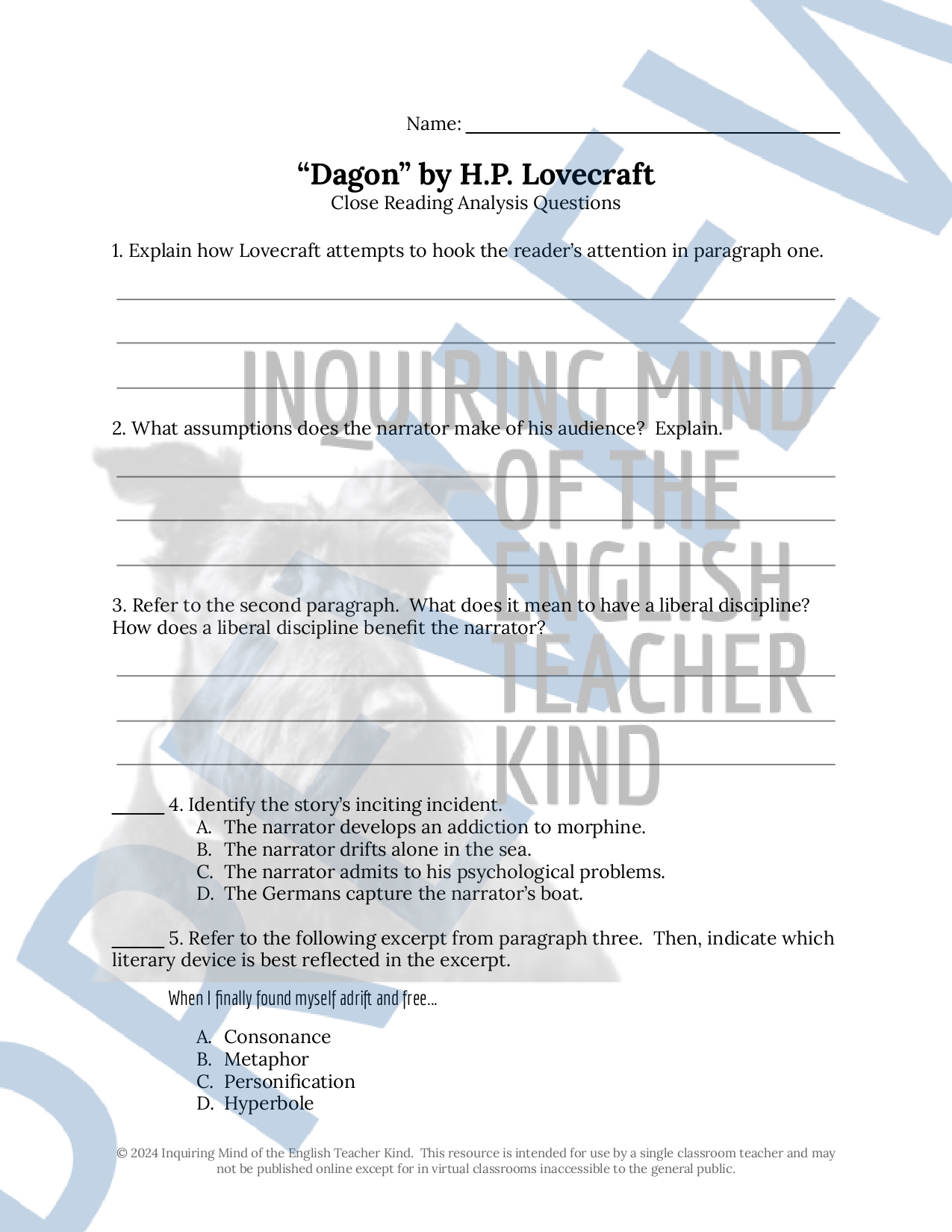 "Dagon" by H.P. Lovecraft Quiz, Close Reading Activity, and Vocabulary ...