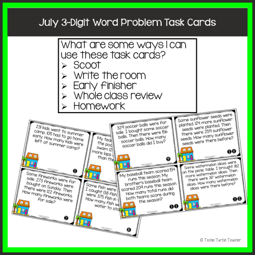 July 3-Digit Addition & Subtraction One Step Word Problem Task Cards ...