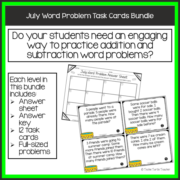 July Addition & Subtraction One Step Word Problem Differentiated Task ...