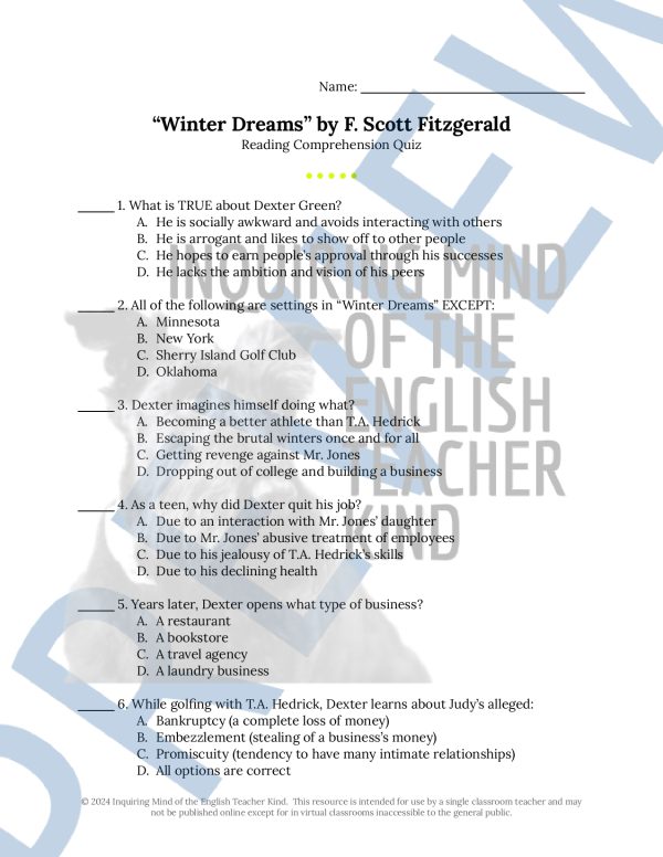 "Winter Dreams" by F. Scott Fitzgerald Quiz and Answer Key for High ...