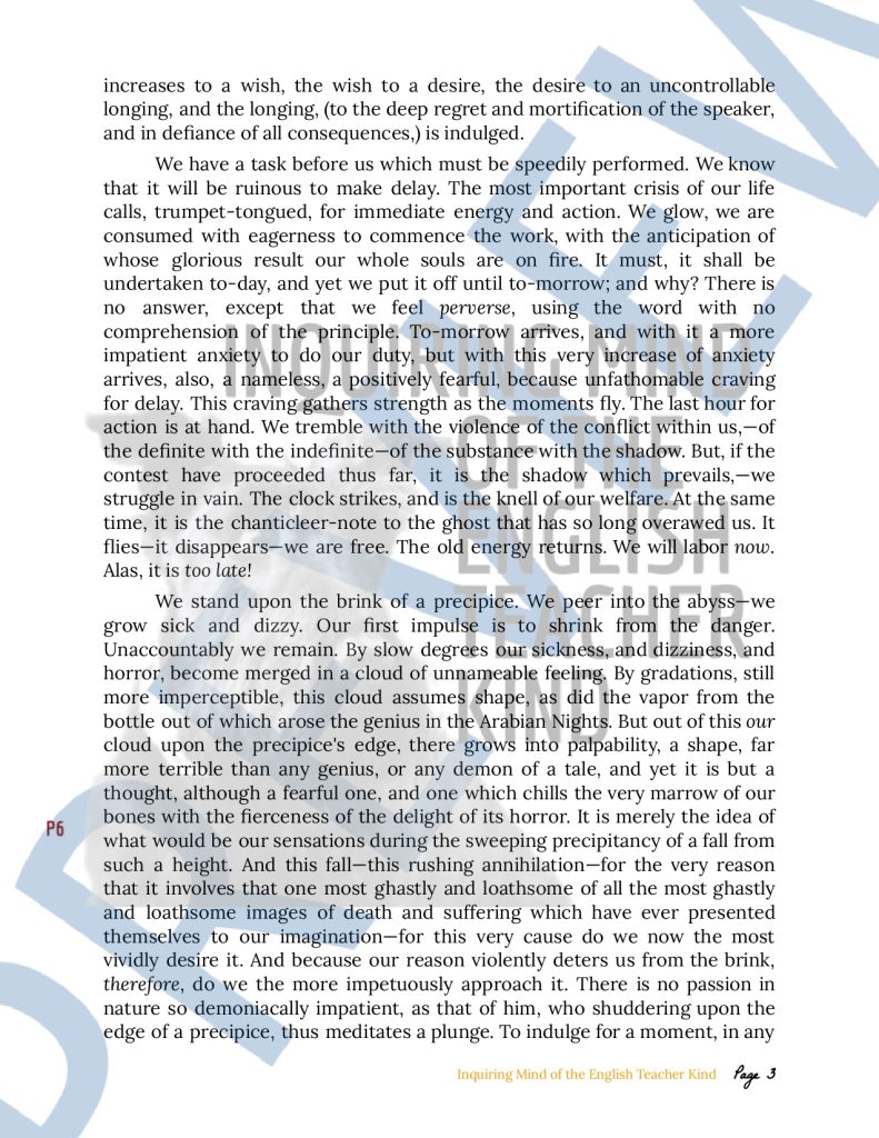 "The Imp of the Perverse" by Edgar Allan Poe Quiz and Answer Key for ...