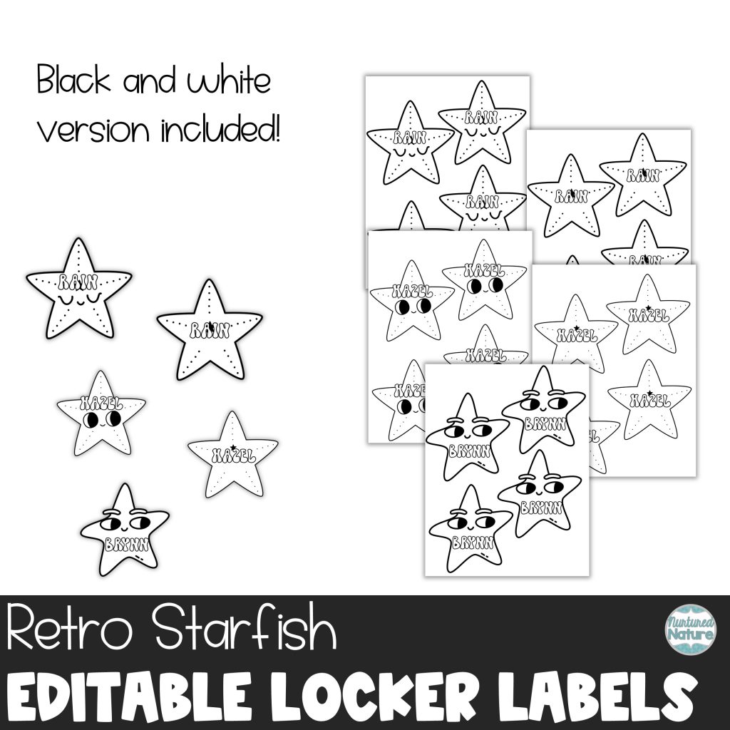 Editable Name Tags- Retro Starfish Cubby or Locker Labels for Ocean ...