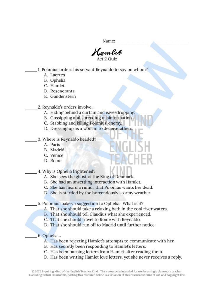 Hamlet Act 2 Quiz, Close Reading Worksheets, and Vocabulary Games ...