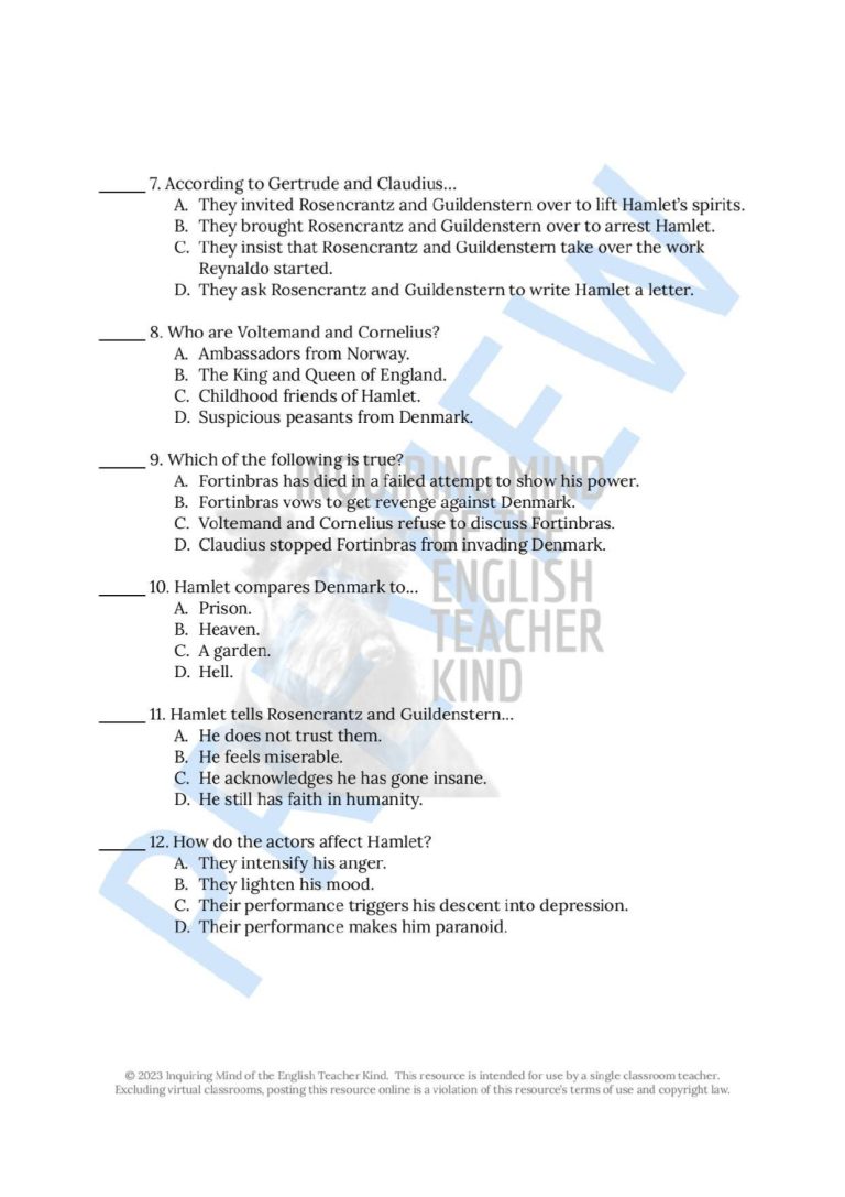 Hamlet Act 2 Quiz, Close Reading Worksheets, and Vocabulary Games ...