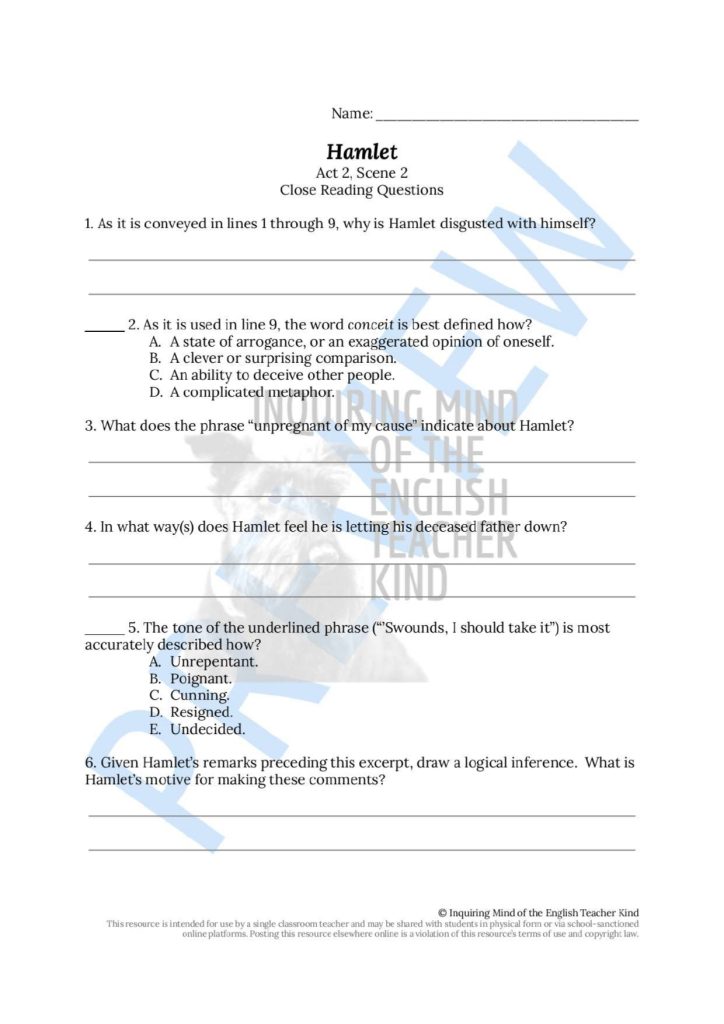 Hamlet Act 2 Quiz, Close Reading Worksheets, and Vocabulary Games ...