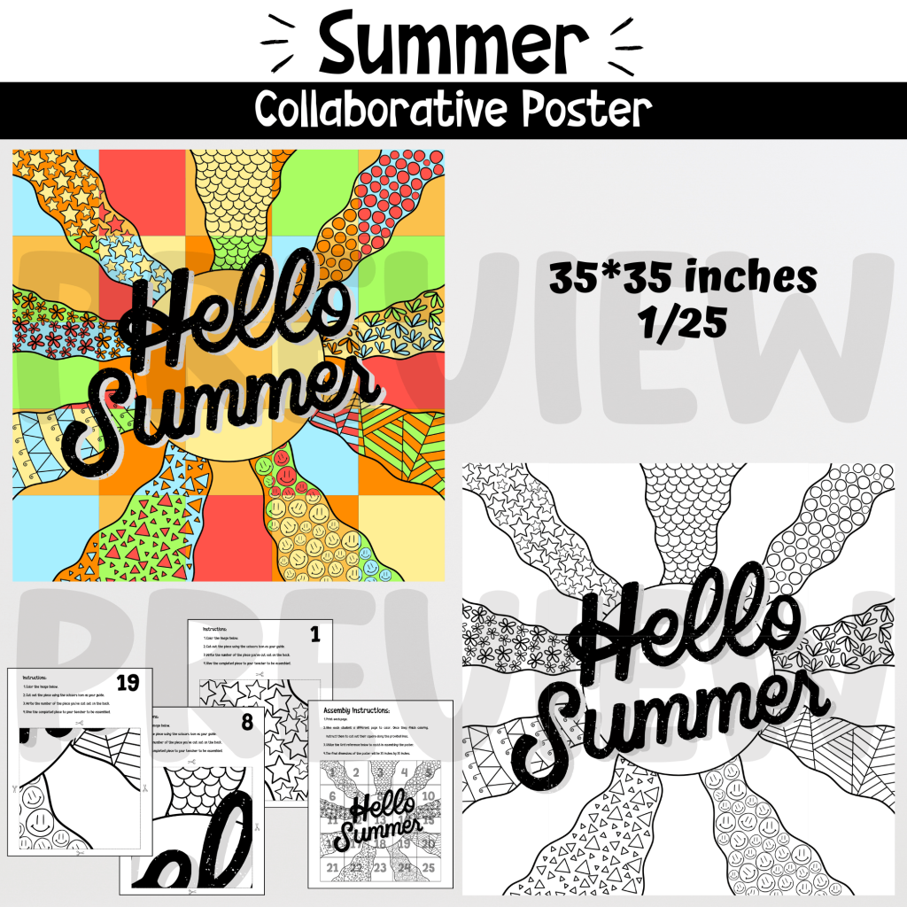 Summer collaborative poster, coloring pages, crafts, end of school year ...