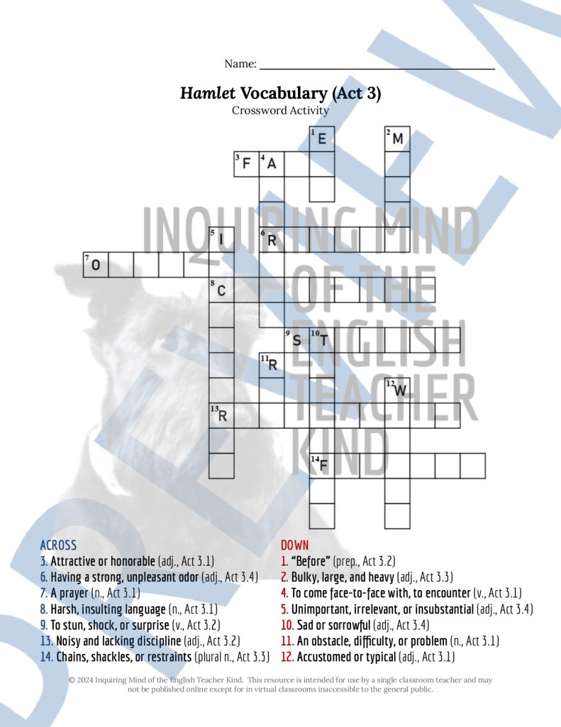 Shakespeare's Hamlet Vocabulary Games for High School (Act 3) | Made By ...