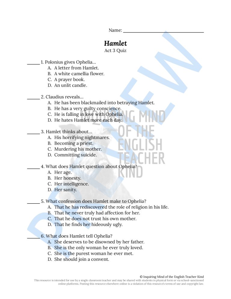 Hamlet Act 3 Quiz, Close Reading Worksheets, and Vocabulary Games ...