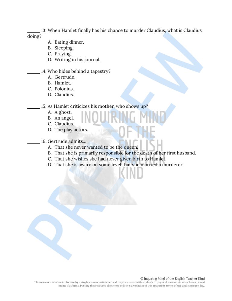 Hamlet Act 3 Quiz, Close Reading Worksheets, and Vocabulary Games ...
